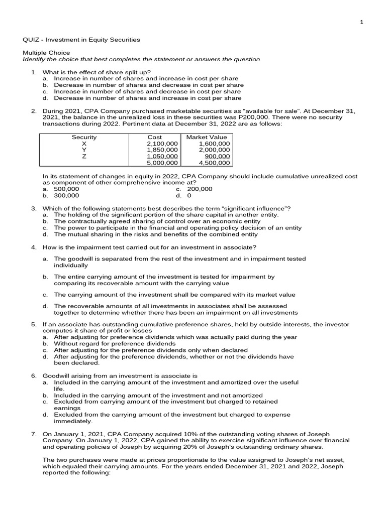 QUIZ Investment in Equity Securities | PDF | Dividend | Equity (Finance)