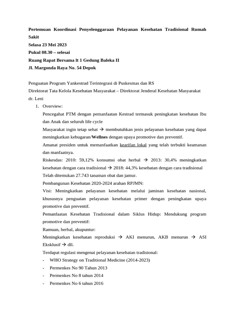 Pertemuan Koordinasi Penyelenggaraan Pelayanan Kesehatan Tradisional Rumah Sakit | PDF
