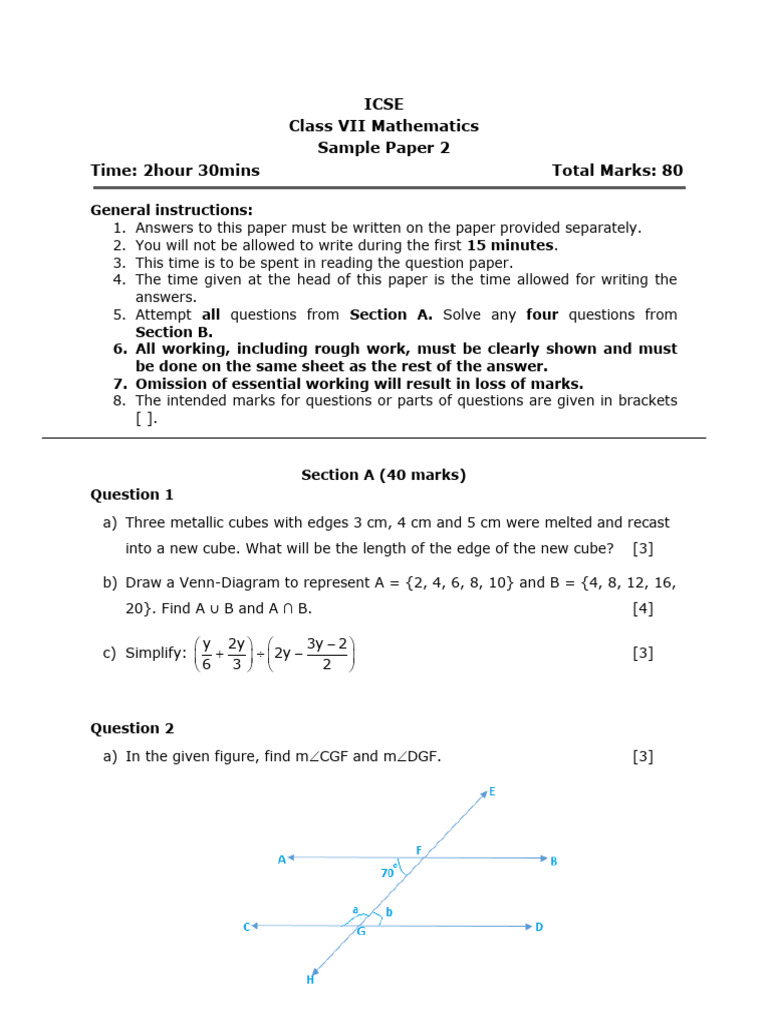 Icse Class VII Mathematics Sample Paper | PDF | Volume | Length