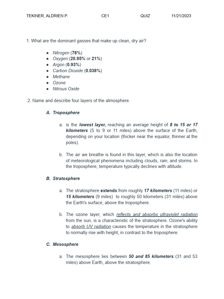 Air Pollution Quiz Ce1 Tekiner, Aldrien P. | PDF | Atmosphere Of Earth ...