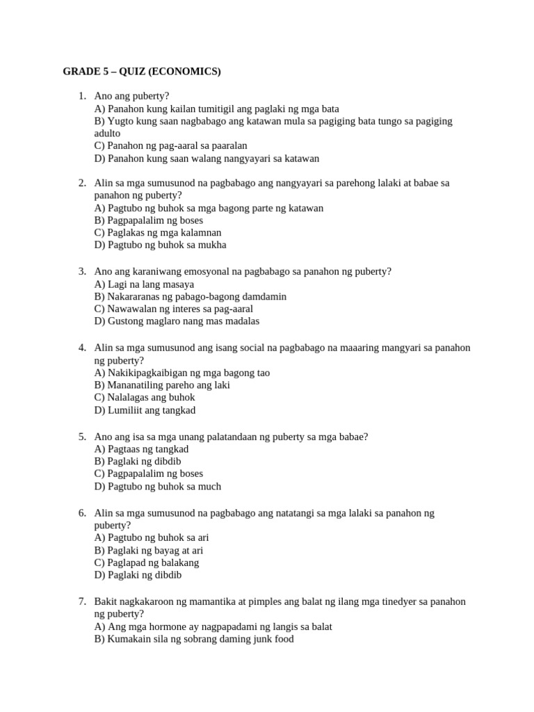 Grade 5 Economics Quiz | PDF