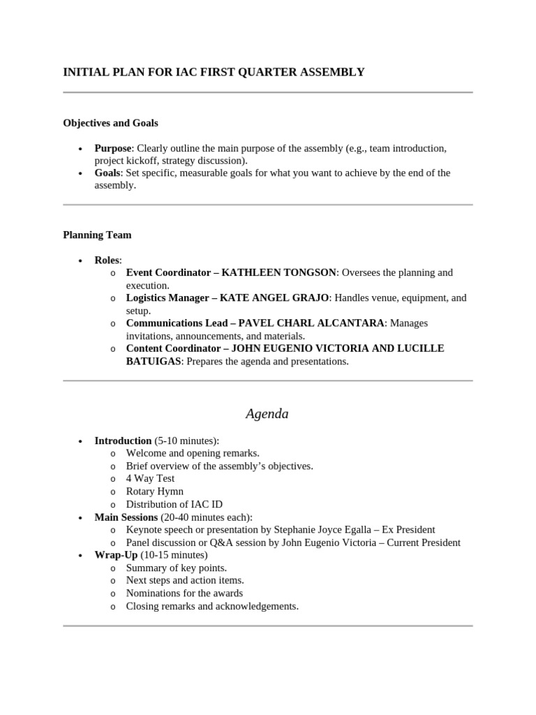 Initial Plan For Iac First Quarter Assembly | PDF | Career & Growth