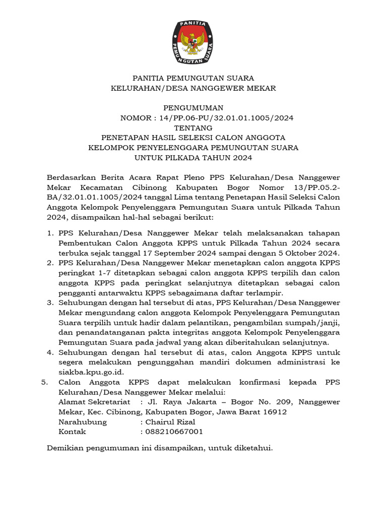 Pengumuman Pps Penetapan Hasil Seleksi Kpps Nmek | PDF