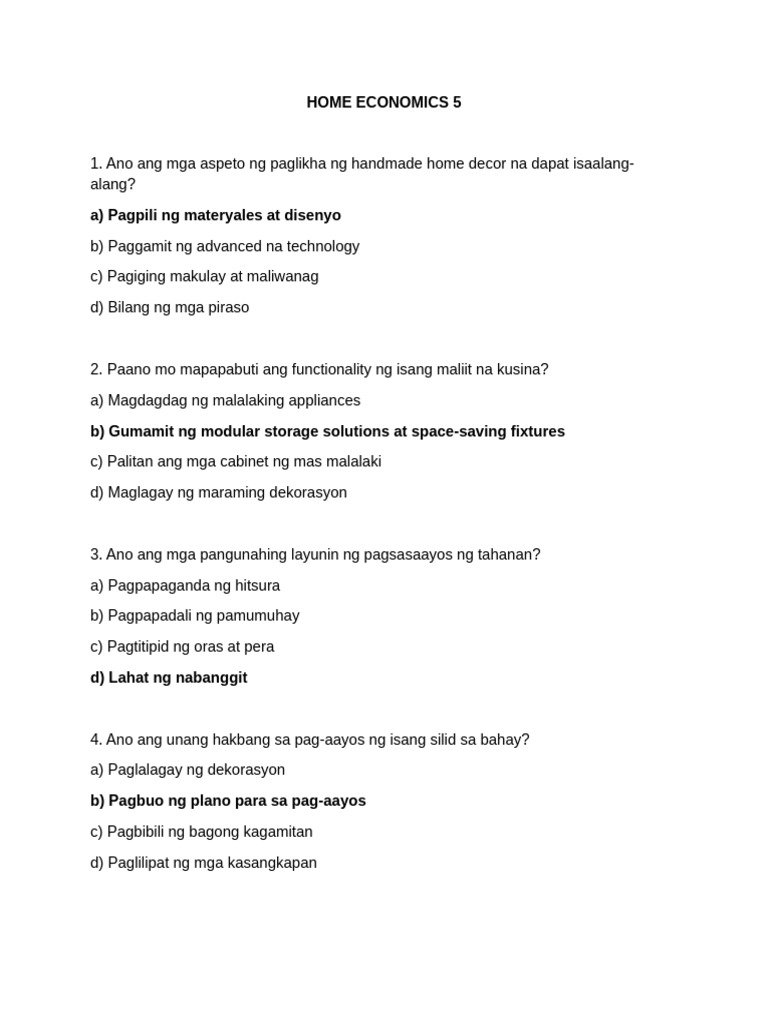 Home Economics 5 Quiz | PDF