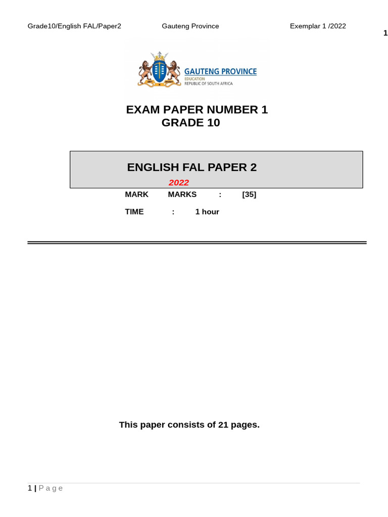 EFAL GR 10 Paper 2 2022 Gauteng | PDF