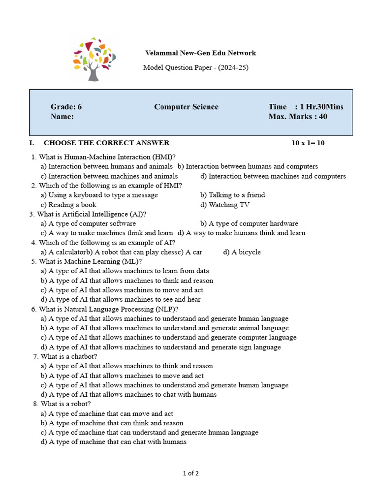 Model QP - Grade6 - QP | PDF | Artificial Intelligence | Intelligence (AI) & Semantics