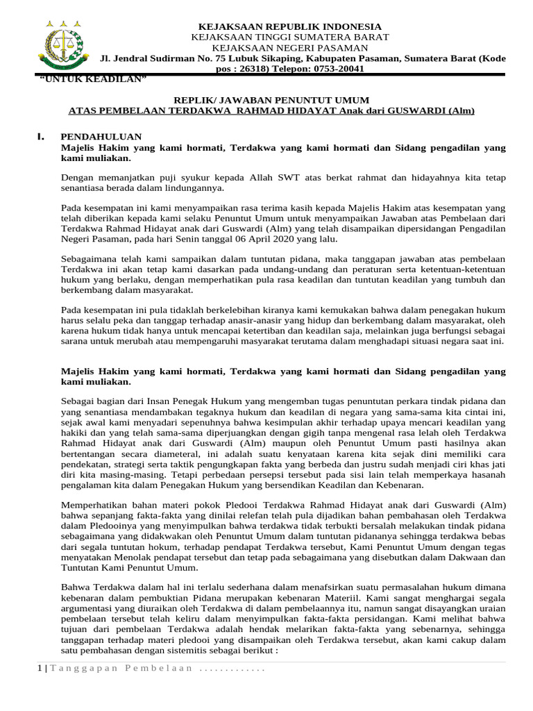 Replik Dan Jawaban Jpu Imel | PDF | Politik | Hukum