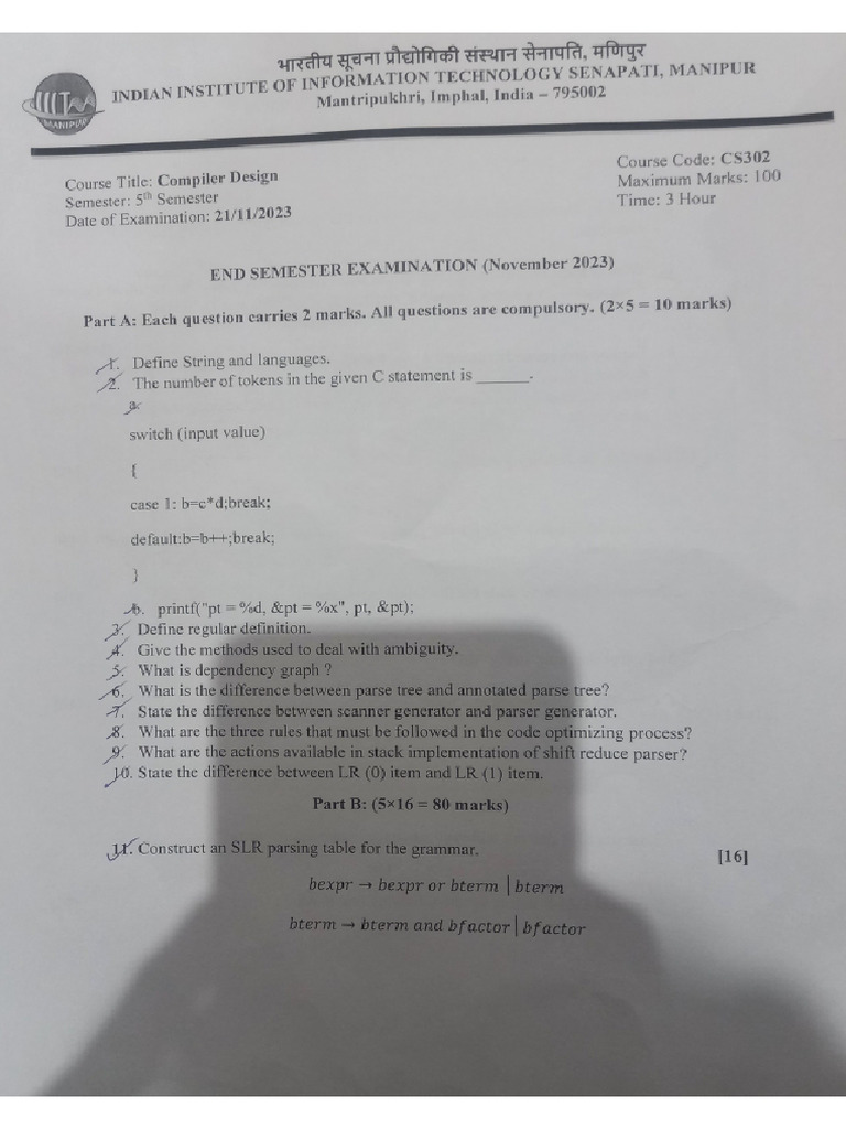 Compiler Design Question Paper | PDF