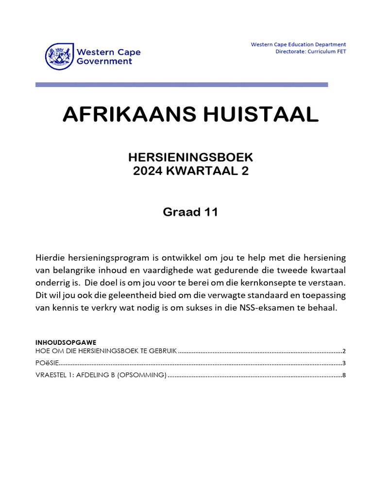 GR 11 Afrikaans HT Hersieningsboek KW 2 - 2024 | PDF
