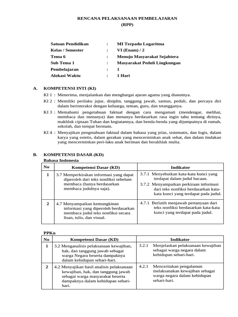 RPP Kelas 6 Tema 6 ST 1 | PDF | Karier & Perkembangan | Sains & Matematika