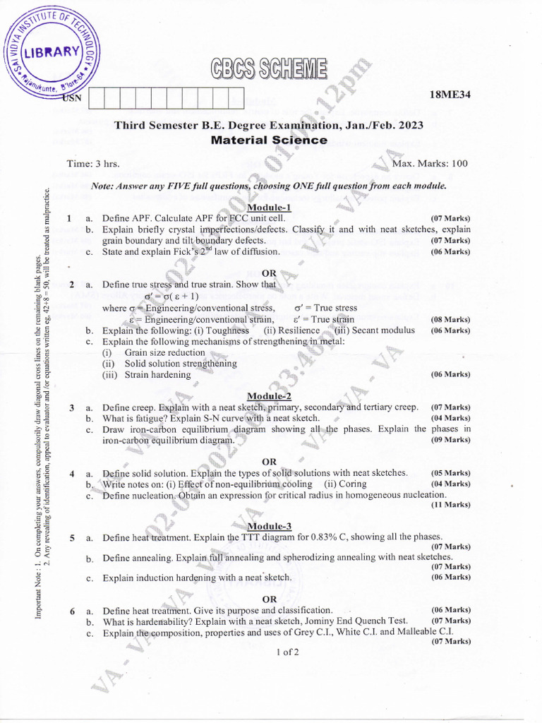 Material Science 18ME34 Jan-Feb 2023 | PDF