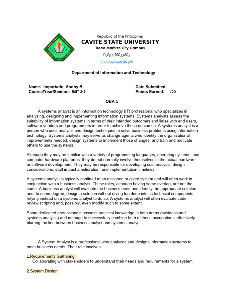 OBA1 System Analyst | PDF | System | Software Testing