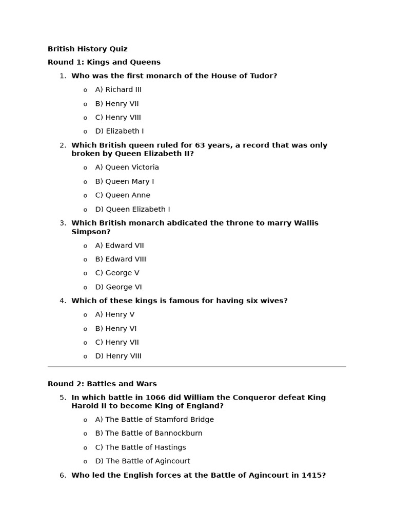 British History Quiz | PDF | Monarchy Of The United Kingdom | United ...