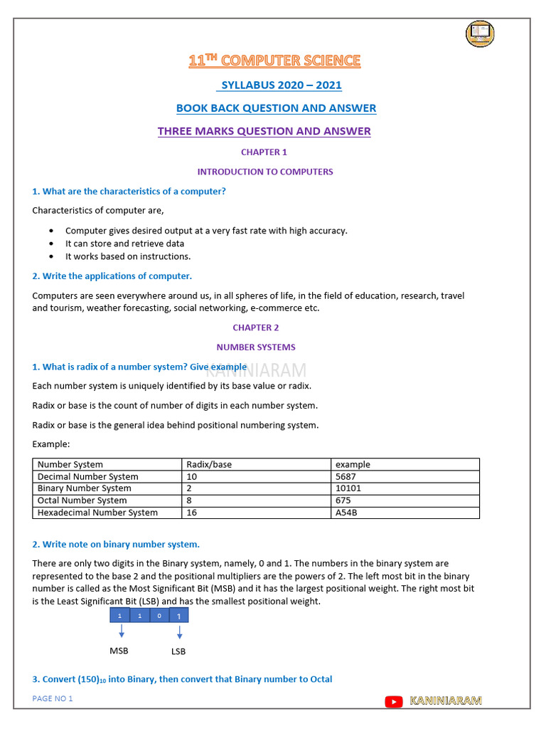 11th Cs Three Mark Reduced Syllabus Book Back Question & Answer Kaniniaram (1) | PDF | Computer ...