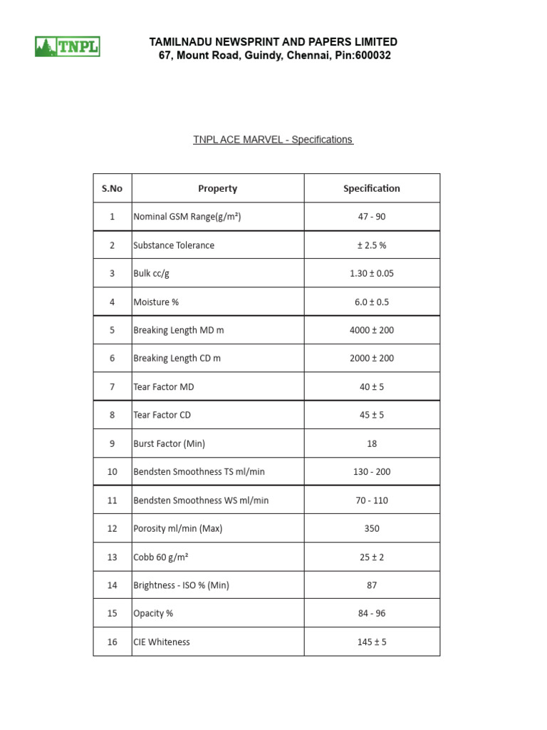 TNPL ACE MARVEL Specifications | PDF