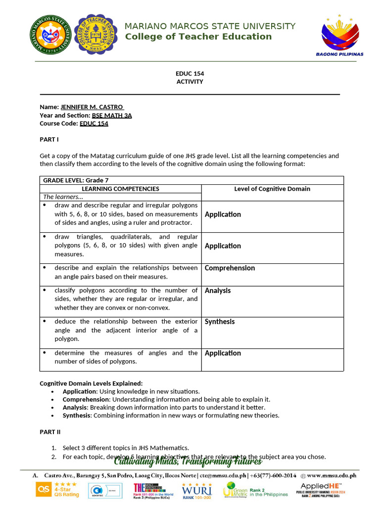educ154_taxonomy | PDF | Learning | Algebra