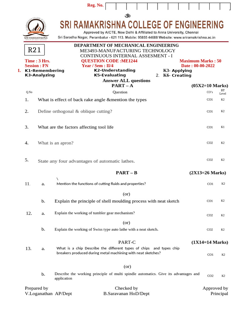 CIA-I 50 Marks - MT - CIA PAPER | PDF | Numerical Control | Metalworking