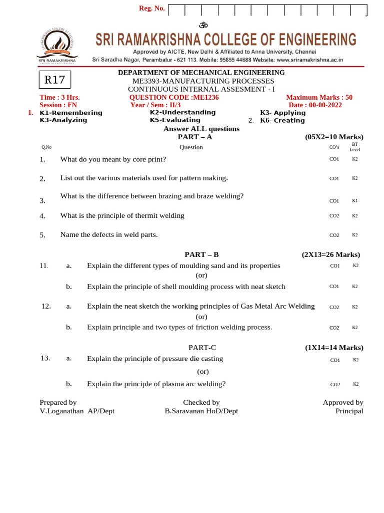 CIA-I 50 Marks - MP - CIA PAPER | PDF | Welding | Construction