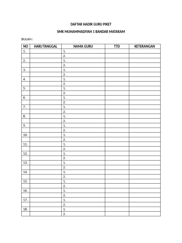 Daftar Hadir Guru Piket | PDF