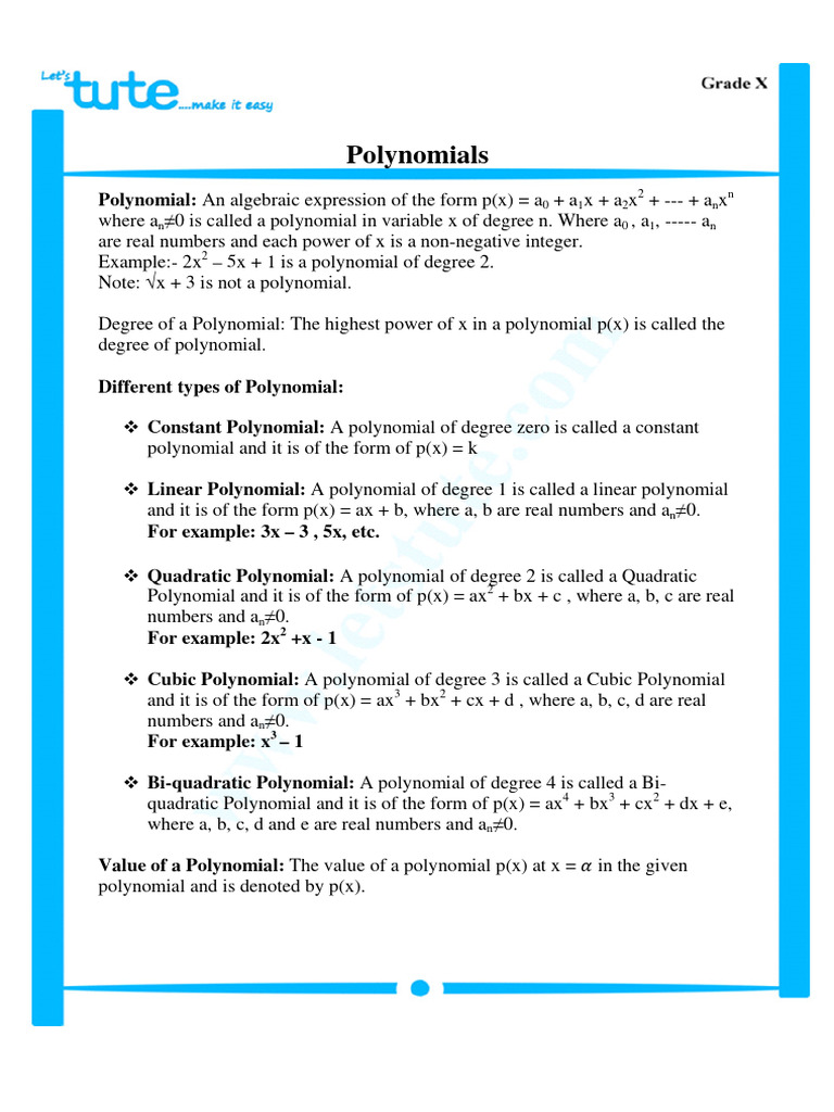 5.2 07 - Polynomials - Summary PDF | PDF | Polynomial | Quadratic Equation