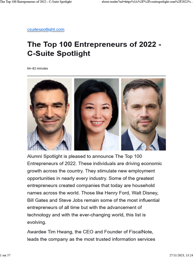 Top 100 Entrepreneurs of 2022 | PDF | Entrepreneurship | Startup Company