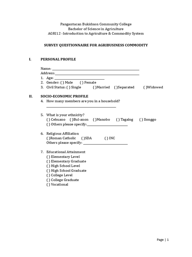 Survey Questionnaire | PDF | Agriculture | Food Industry