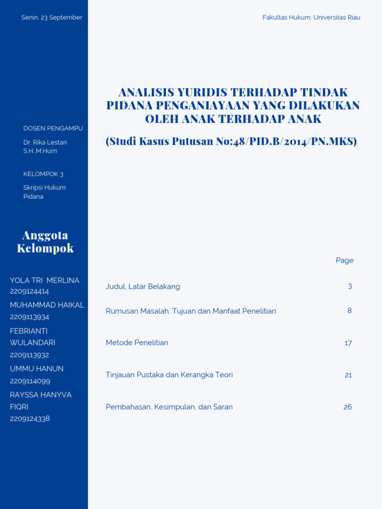 Kel.3 Analisis Yuridis Terhadap Tindak Pidana Penganiayaan Yang Dilakukan Oleh Anak Terhadap ...