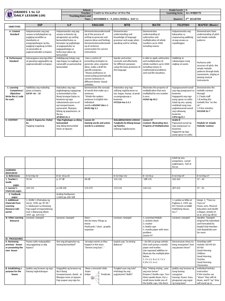 DLL - All Subjects 2 - Q2 - W6 - D1 | PDF