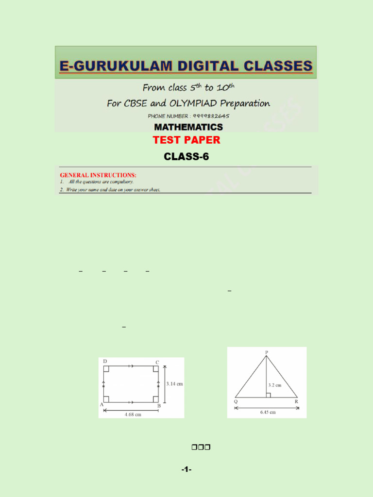 Class 6 Math Test Paper on Calculations | PDF