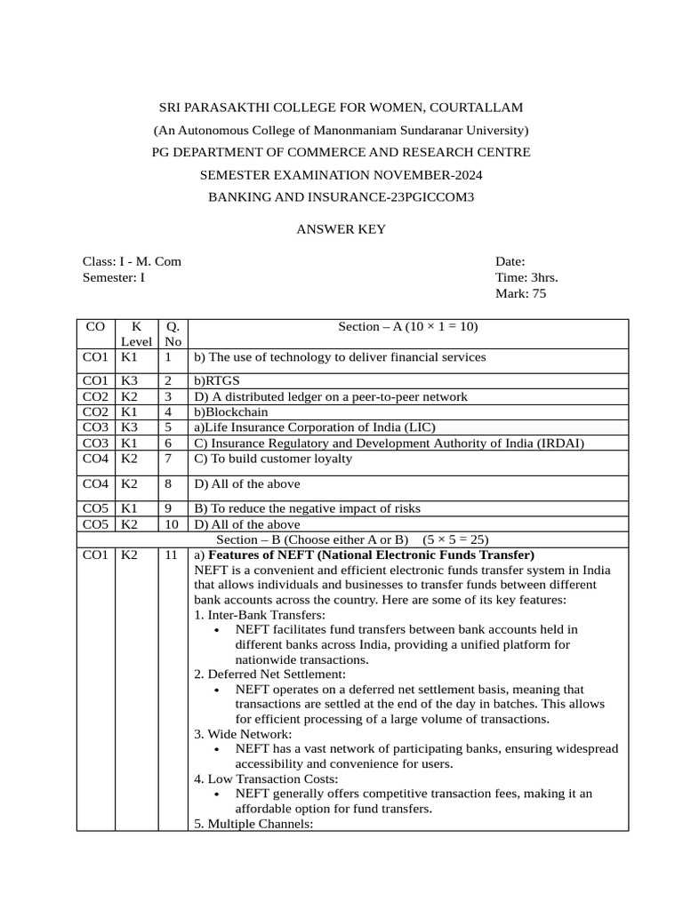 Banking and Insurance Exam Answer Key | PDF | Risk Management | Insurance