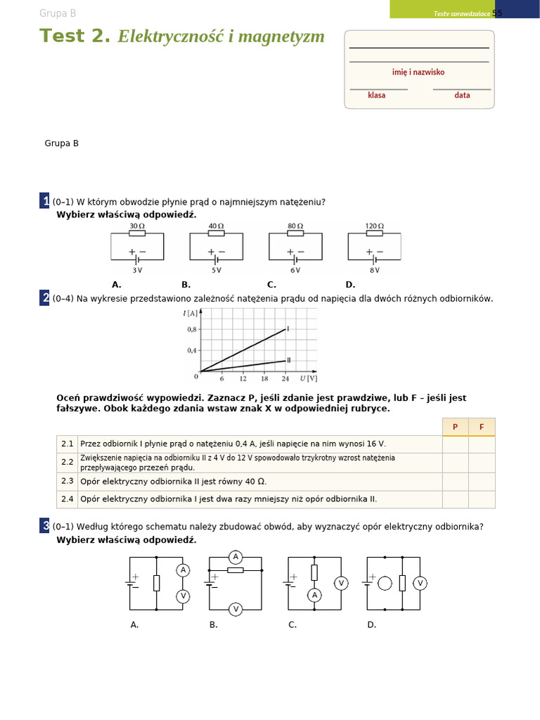 Test Sprawdzajacy 2 Elektrycznosc I Magnetyzm Grupa B | PDF