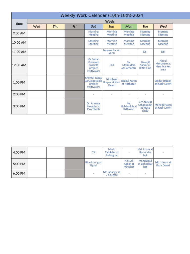 Weekly Work Calendar of Arif | PDF