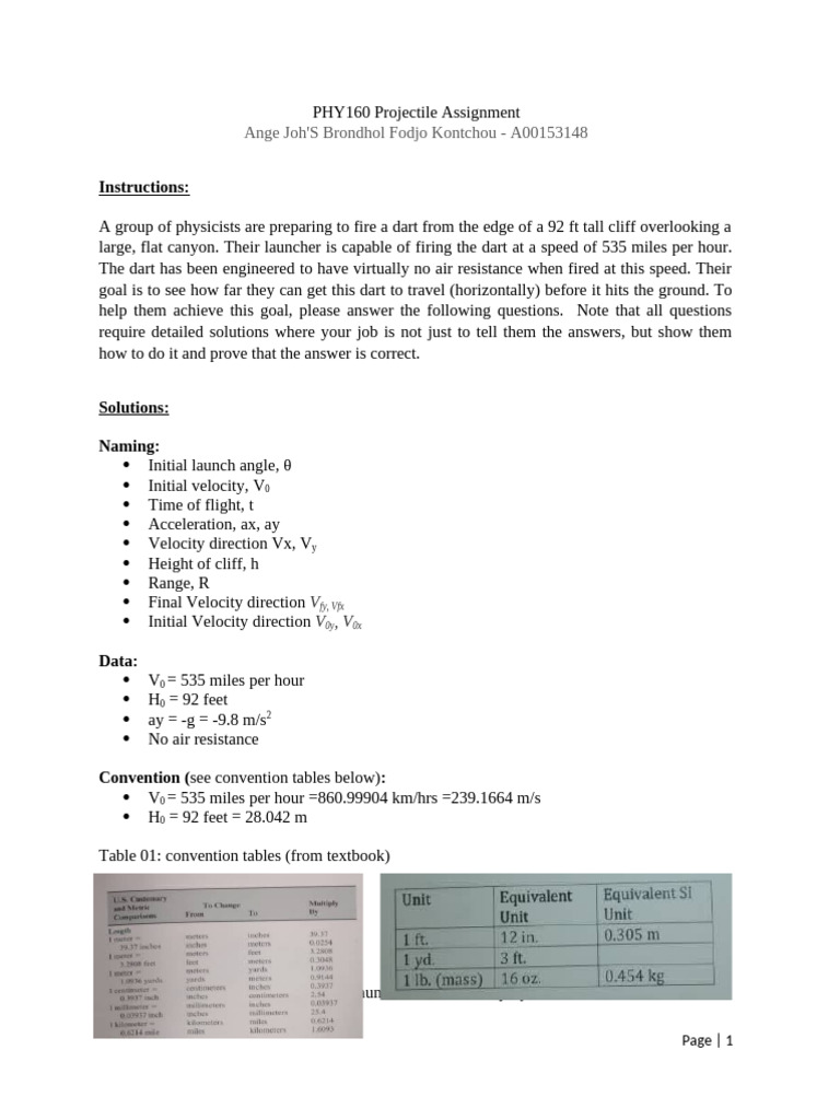Projectile - Assignment - F2024 - Ange - 2.0 | PDF | Motion (Physics) | Mechanics