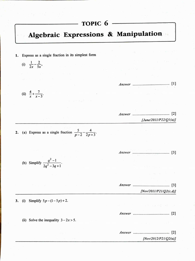 ALGEBRA HIGH LEVEL 6. Algebraic Expressions - Manipulation-1 | PDF