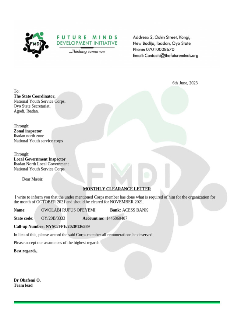 Corpers' Clearance Letter | PDF | Social Science