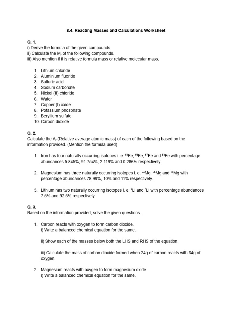 8.4. Reacting Masses and Calculations Worksheet | PDF | Oxide | Magnesium