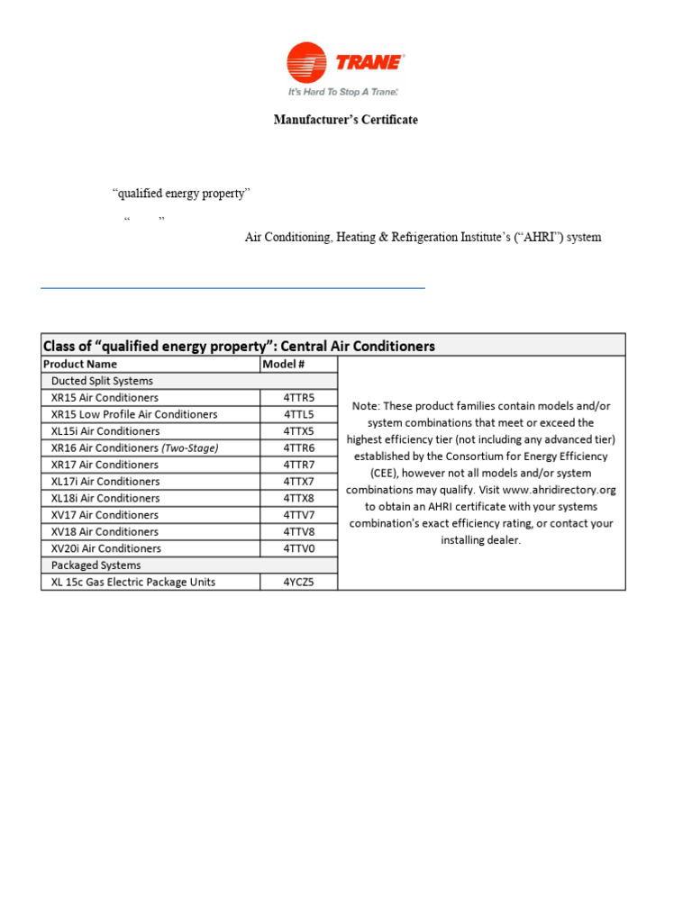 Trane Certification for Energy Tax Credit | PDF | Air Conditioning | Tax Credit