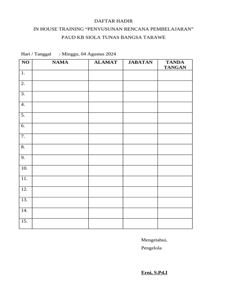 Daftar Hadir in House Training | PDF
