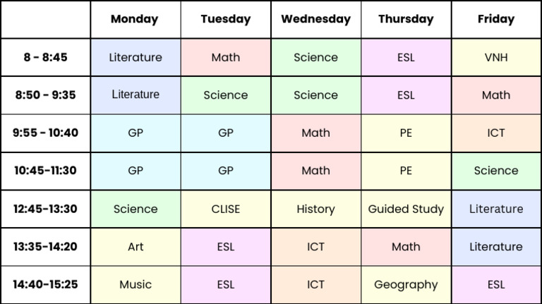 Weekly School Class Schedule | PDF
