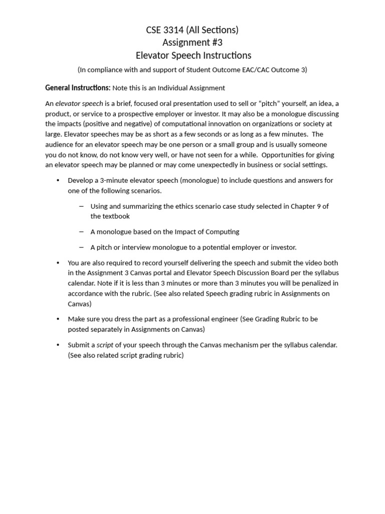 CSE 3314 Elevator Speech Assignment | PDF