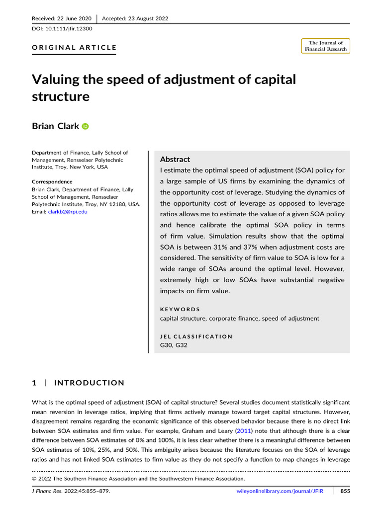 Valuing The Speed of Adjustment of Capital Structure | PDF | Capital Structure | Marginal Cost