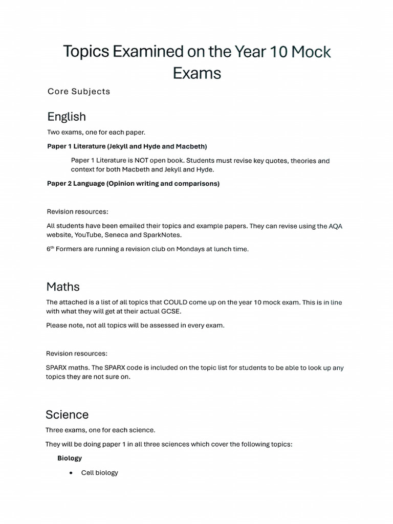 Year 10 Mock Exam Topics | PDF