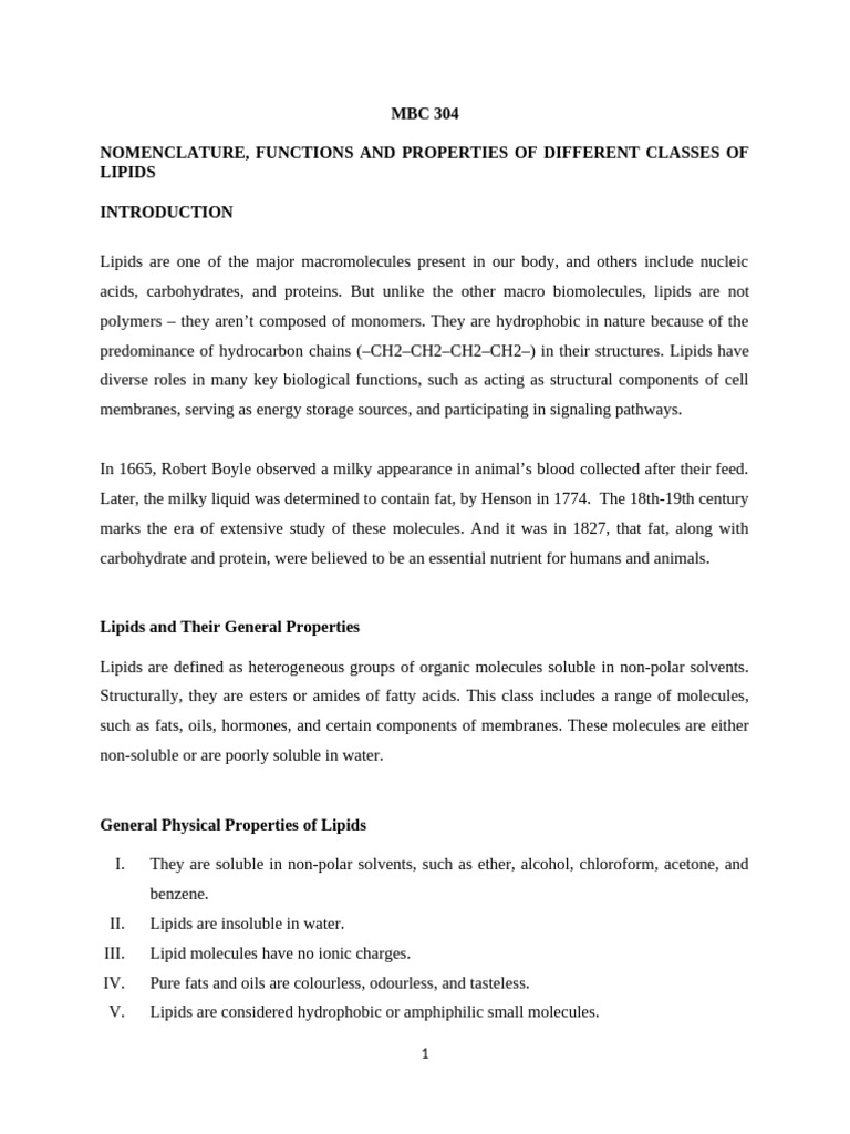 MBC 304 CLASS 1 | PDF | Lipid | Triglyceride