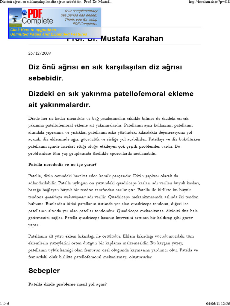 Diz Önü Agrisi en Sik Karsilasilan Diz Agrisi Sebebidir - Prof - DR | PDF