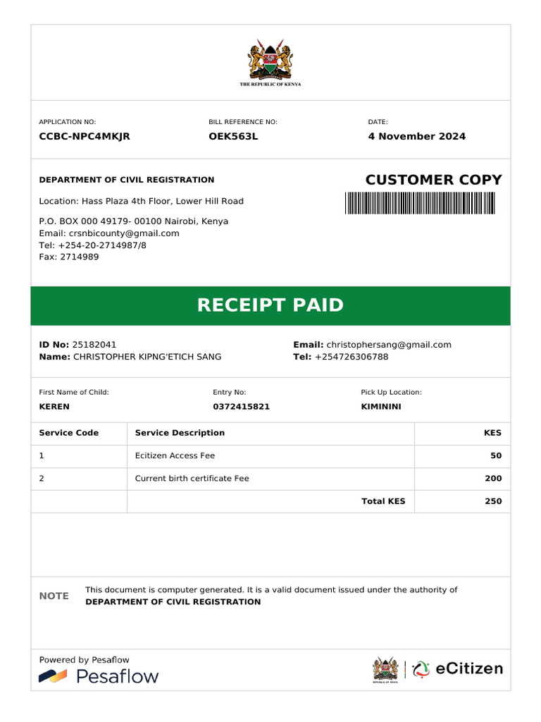Ccbc-Npc4mkjr-Civil Registration Receipt | PDF | Government And Personhood