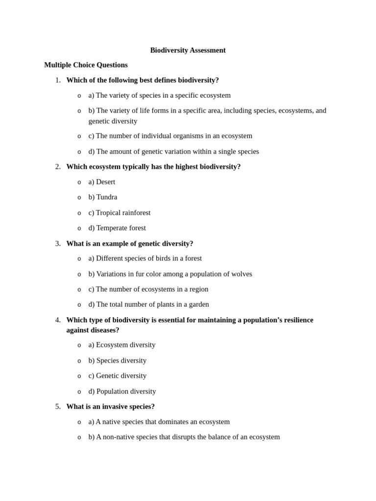 Biodiversity Assessment Quiz and Insights | PDF | Biodiversity | Ecosystem