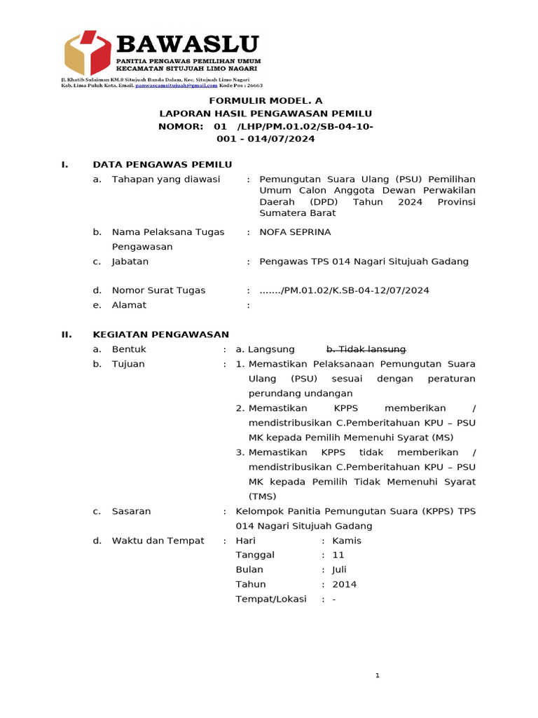 Form - A - Pengawasan Melekat C.Pemberitahuan - NOFA SEPRINA - TPS 014 | PDF