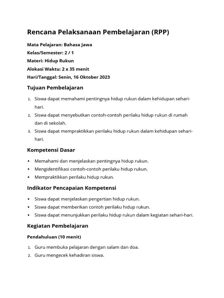 RPP B, Jawa Kelas 2 Hidup Rukun | PDF | Karier & Perkembangan | Kajian Bahasa Asing