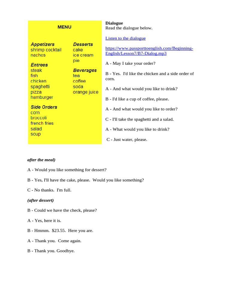 Dialogue in a restaurant | PDF