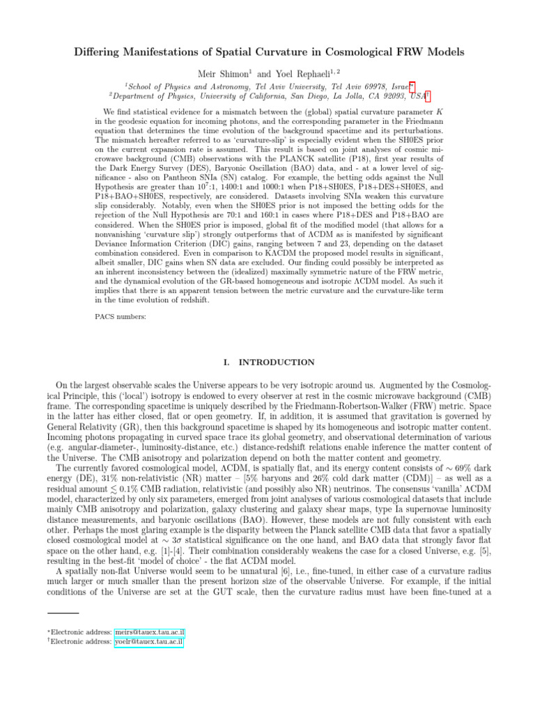 Differing Manifestations of Spatial Curvature in Cosmological FRW Models | PDF | Universe ...